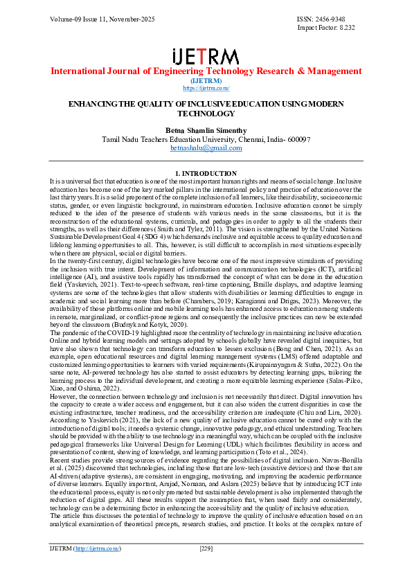 (PDF) ENHANCING THE QUALITY OF INCLUSIVE EDUCATION USING MODERN TECHNOLOGY