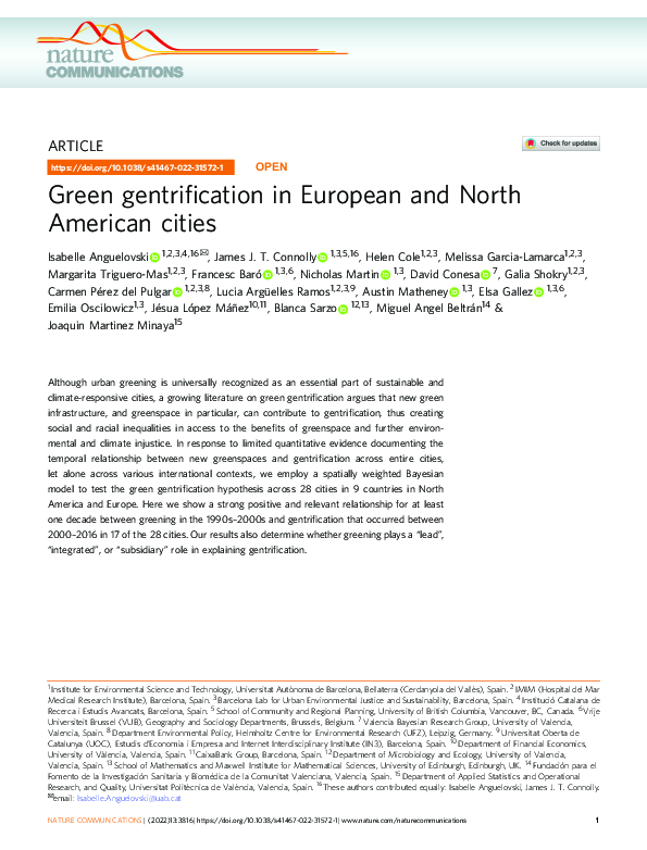 (PDF) Green gentrification in European and North American cities