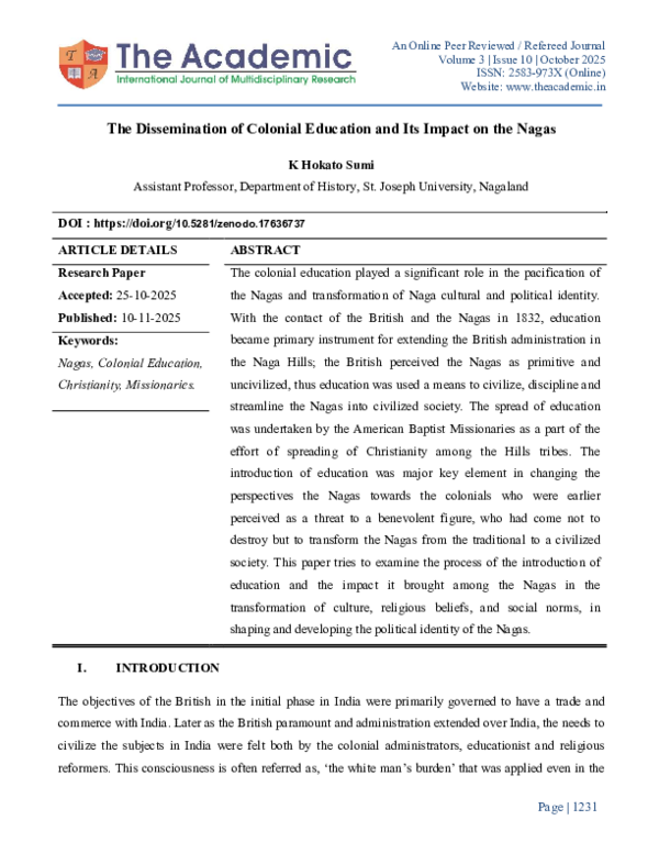 (PDF) The Dissemination of Colonial Education and Its Impact on the Nagas