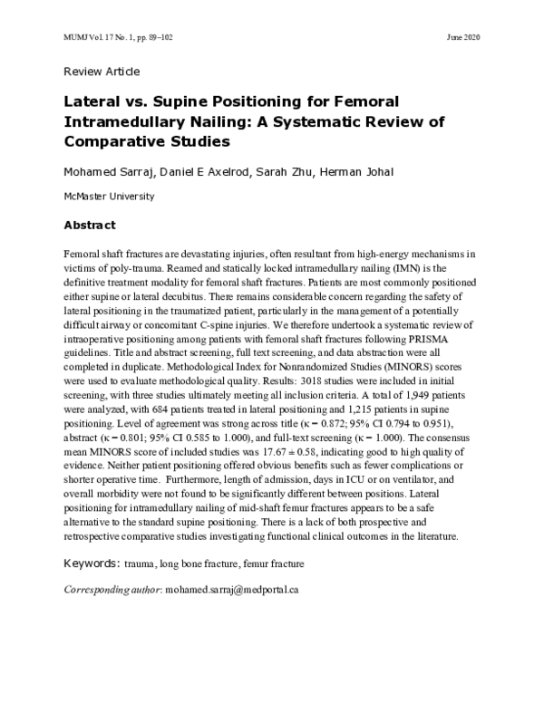 (PDF) Lateral vs. Supine Positioning for Femoral Intramedullary Nailing ...