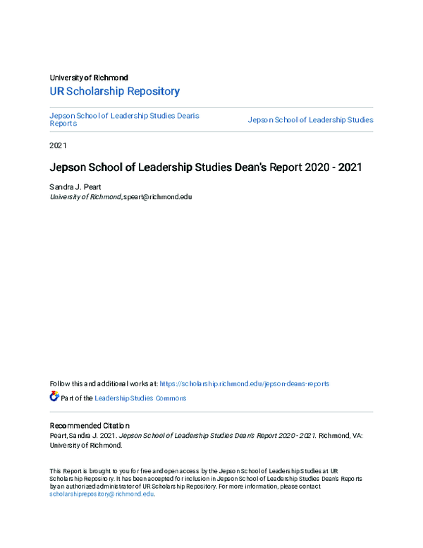 (PDF) Jepson School of Leadership Studies Dean\u27s Report 2020 - 2021