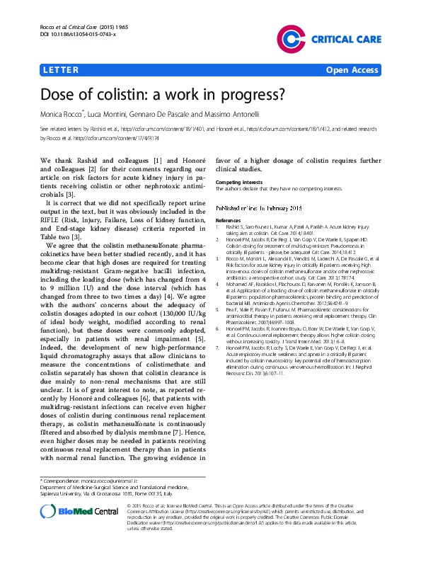 (PDF) Dose of colistin: a work in progress?