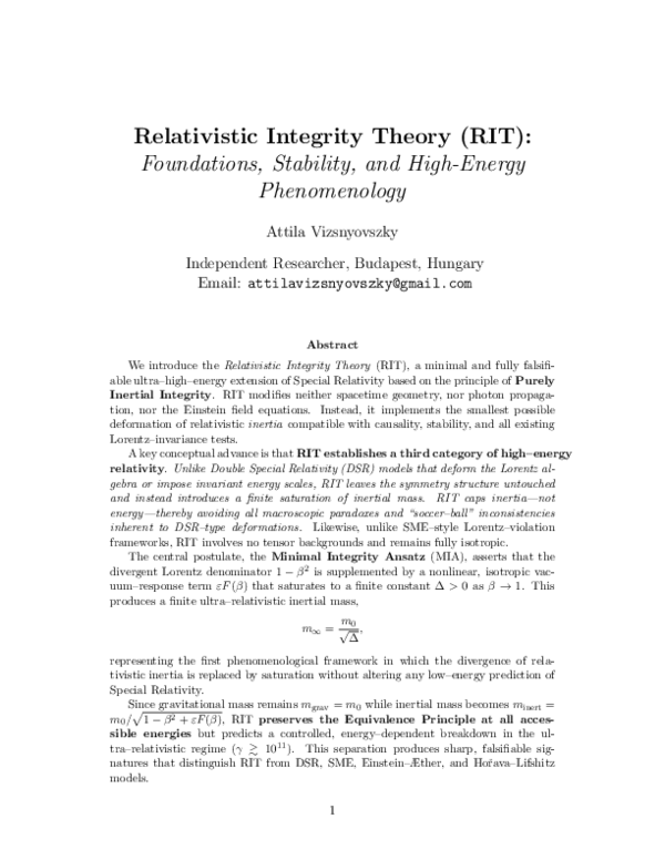 (PDF) Relativistic Integrity Theory (RIT): Foundations, Stability, and High-Energy Phenomenology