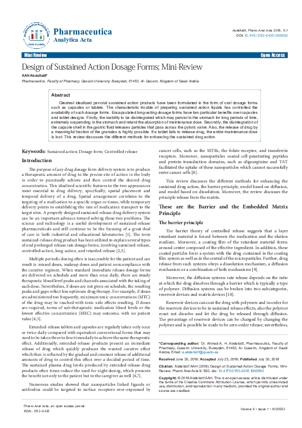 (PDF) Design of Sustained Action Dosage Forms; Mini-Review