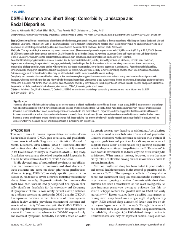 (PDF) DSM-5 Insomnia and Short Sleep: Comorbidity Landscape and Racial ...