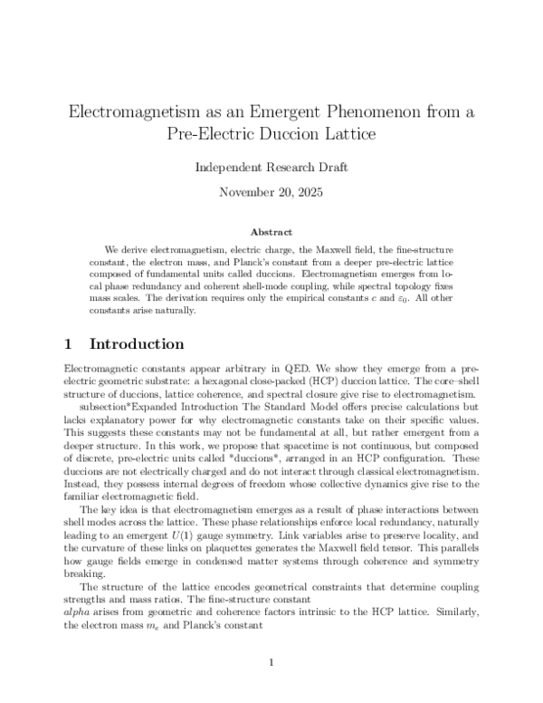 (PDF) Electromagnetism as an Emergent Phenomenon from a Pre-Electric ...