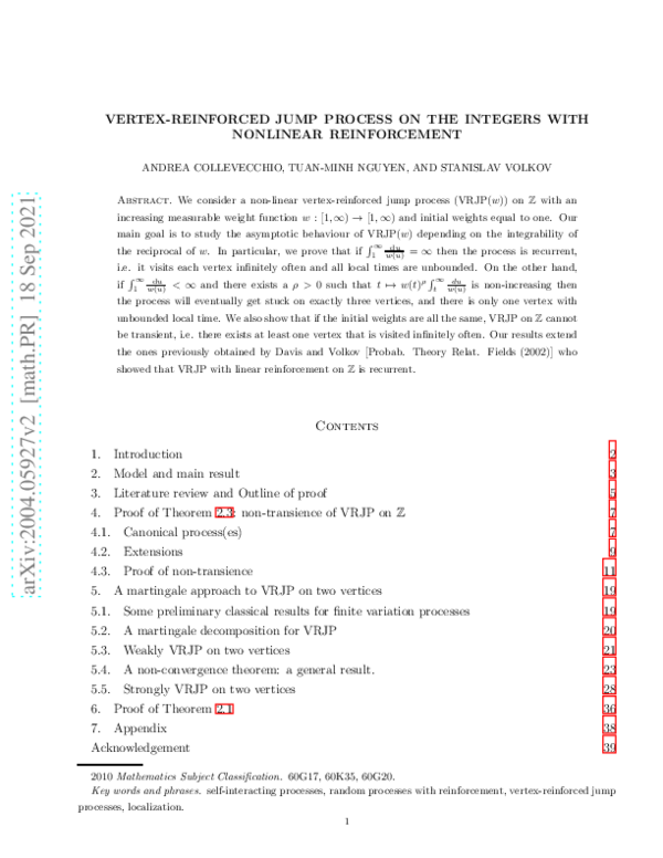 (PDF) Vertex-reinforced jump process on the integers with nonlinear ...