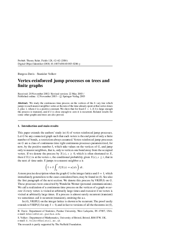 (PDF) Vertex-reinforced jump processes on trees and finite graphs