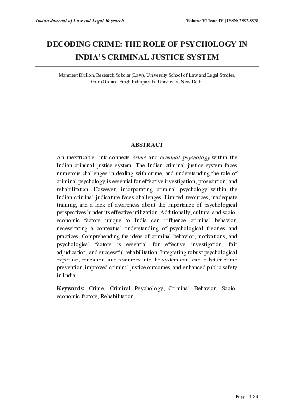 (PDF) DECODING CRIME: THE ROLE OF PSYCHOLOGY IN INDIA'S CRIMINAL ...