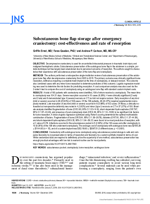 (PDF) Subcutaneous bone flap storage after emergency craniectomy: cost ...