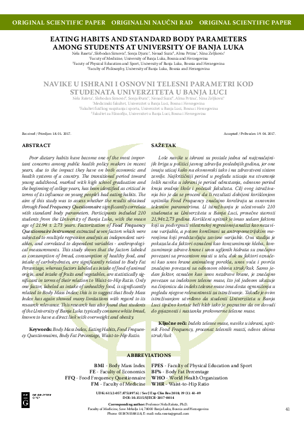 (PDF) Eating Habits and Standard Body Parameters Among Students at University of Banja Luka