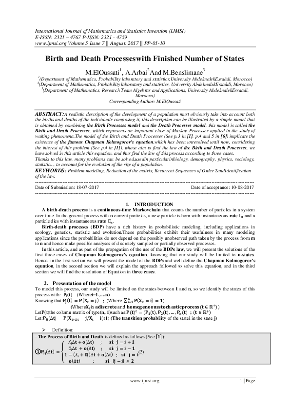 (PDF) Birth and Death Processeswith Finished Number of States