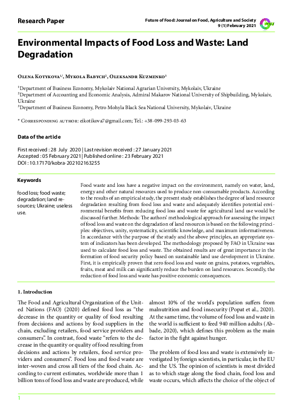 (PDF) Environmental Impacts of Food Loss and Waste: Land Degradation