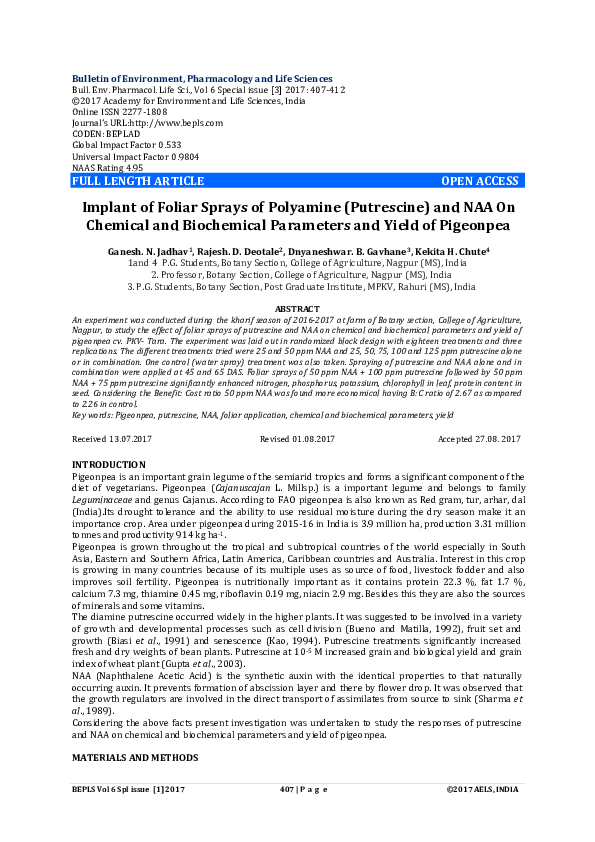 (PDF) Implant of Foliar Sprays of Polyamine (Putrescine) and NAA On ...