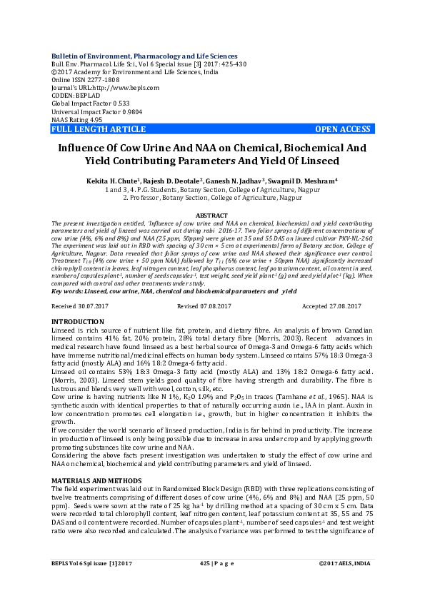 (PDF) Influence Of Cow Urine And NAA on Chemical, Biochemical And Yield ...