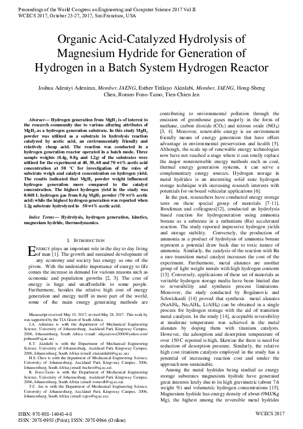 (PDF) Organic Acid-Catalyzed Hydrolysis of Magnesium Hydride for ...