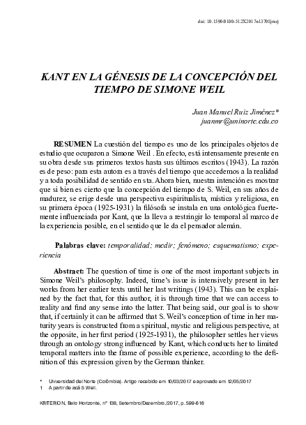 (PDF) Kant en la génesis de la concepción del tiempo de Simone Weil