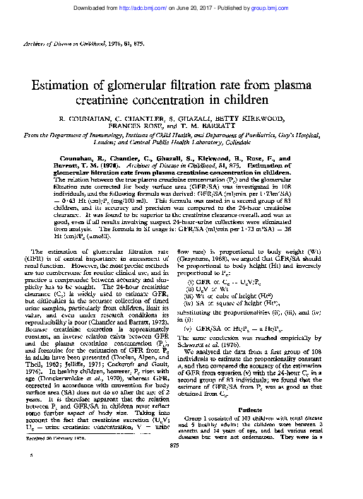 (PDF) Estimation of glomerular filtration rate from plasma creatinine ...