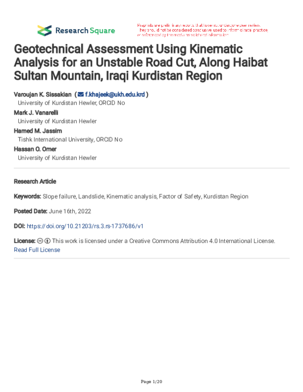 (PDF) Geotechnical Assessment Using Kinematic Analysis for an Unstable ...