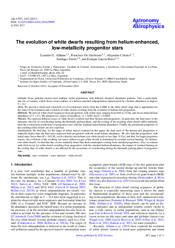 (PDF) The evolution of white dwarfs resulting from helium-enhanced, low ...