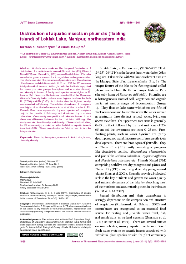 (PDF) Distribution of aquatic insects in phumdis (floating island) of ...