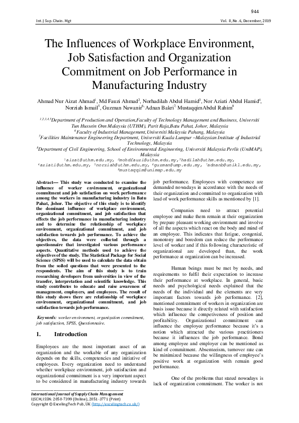 (PDF) The Influences of Workplace Environment, Job Satisfaction and ...