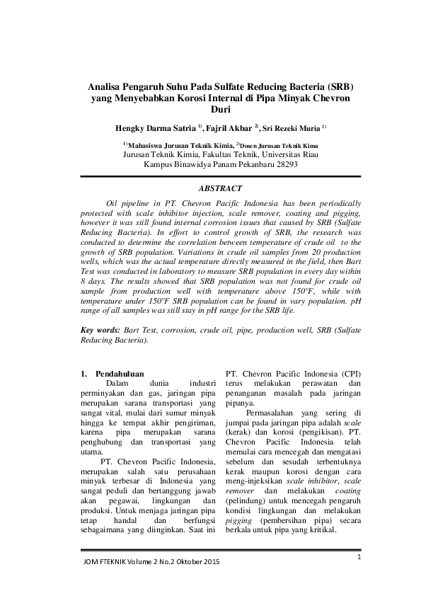 (PDF) Analisa Pengaruh Suhu Pada Sulfate Reducing Bacteria (SRB) Yang ...