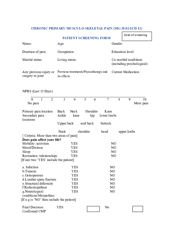 (PDF) PATIENT SCREENING FORM FOR CHRONIC MUCULOSKELETAL PAIN