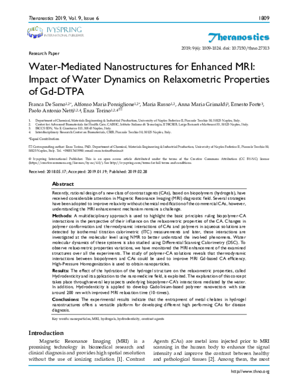 (PDF) Water-Mediated Nanostructures for Enhanced MRI: Impact of Water ...