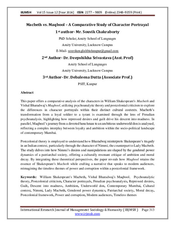(PDF) Macbeth vs. Maqbool -A Comparative Study of Character Portrayal 1 ...