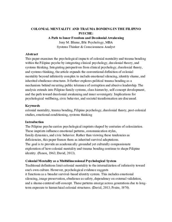(PDF) COLONIAL MENTALITY AND TRAUMA BONDING IN THE FILIPINO PSYCHE: A ...
