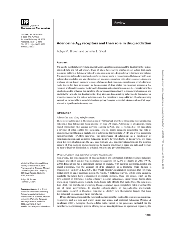 (PDF) Adenosine A2A receptors and their role in drug addiction
