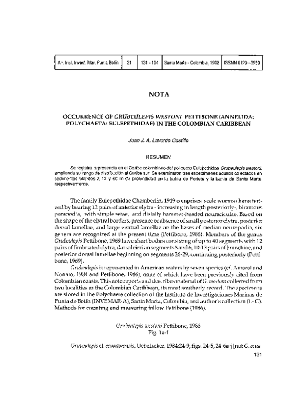 (PDF) Occurrence of Grubeulepis westoni Pettibone (Annelida: Polichaeta ...