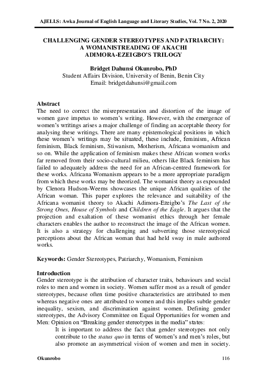 (PDF) Challenging Gender Stereotypes and Patriarchy: A Womanistreading ...