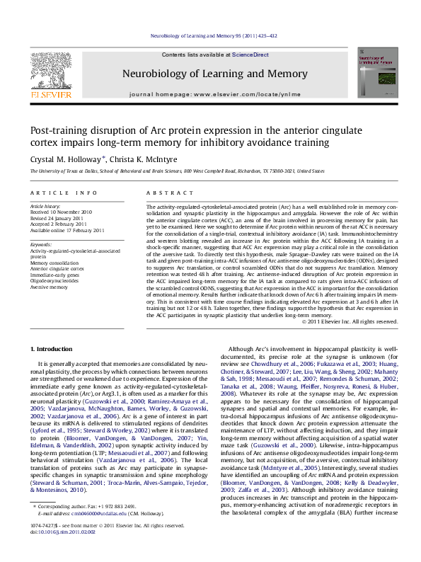 (PDF) Post-training disruption of Arc protein expression in the anterior cingulate cortex ...