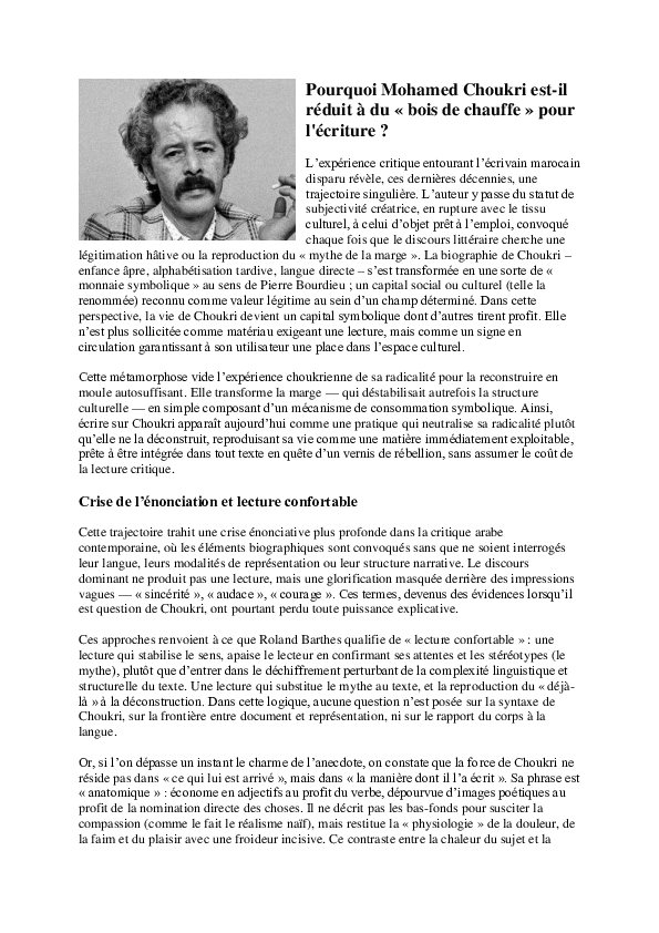 (PDF) Pourquoi Mohamed Choukri est-il réduit à du « bois de chauffe ...