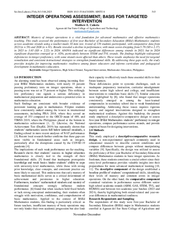 (PDF) INTEGER OPERATIONS ASSESSMENT; BASIS FOR TARGETED INTERVENTION