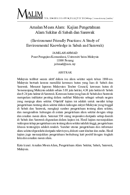 (PDF) Amalan Mesra Alam: Kajian Pengetahuan Alam Sekitar di Sabah dan ...