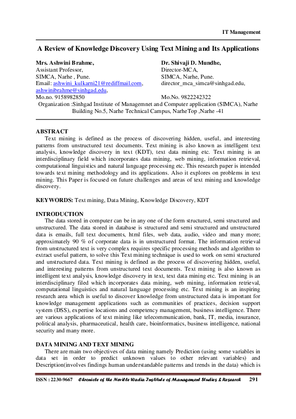 (PDF) A Review of Knowledge Discovery Using Text Mining and Its Applications