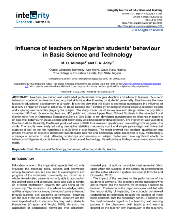 (PDF) Students' Self-Concept and Their Achievement in Basic Science