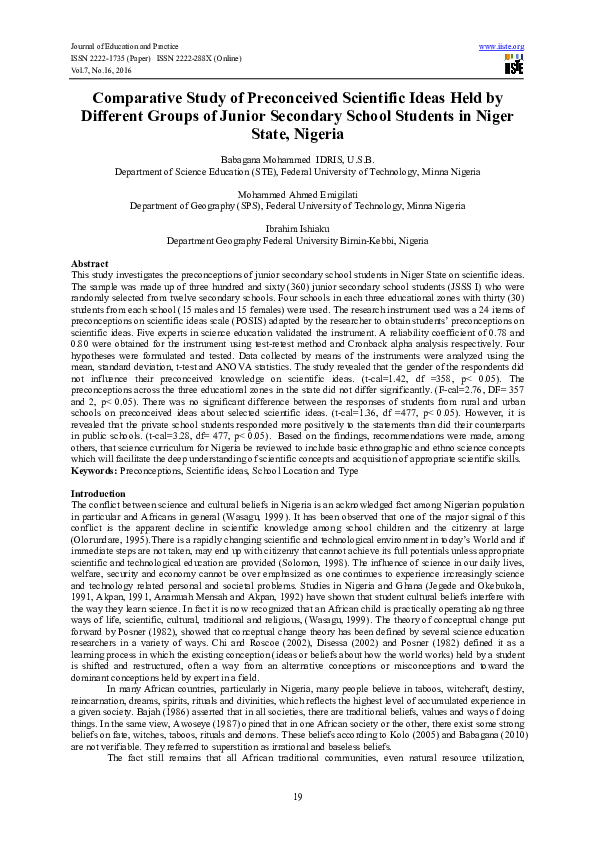 (PDF) Comparative Study of Preconceived Scientific Ideas Held by ...