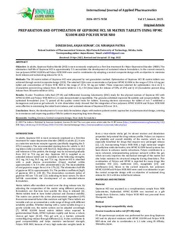(PDF) PREPARATION AND OPTIMIZATION OF GEPIRONE HCL SR MATRIX TABLETS ...