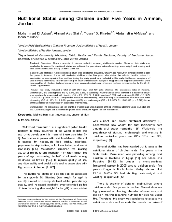 (PDF) Nutritional Status among Children under Five Years in Amman, Jordan