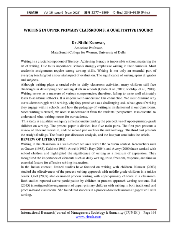 (PDF) WRITING IN UPPER PRIMARY CLASSROOMS: A QUALITATIVE INQUIRY