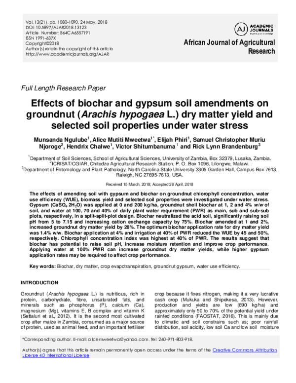 (PDF) Effects of biochar and gypsum soil amendments on groundnut ...