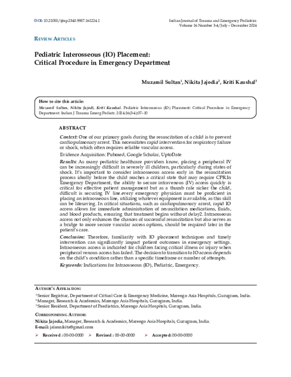 (PDF) Pediatric Interosseous (IO) Placement: Critical Procedure in ...