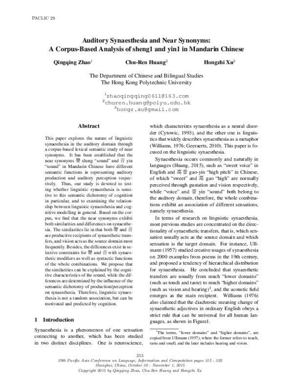 (PDF) Auditory synaesthesia and near synonyms: A corpus-based analysis ...