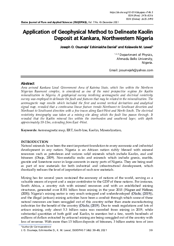 (PDF) Application of geophysical method to delineate Kaolin deposit at ...