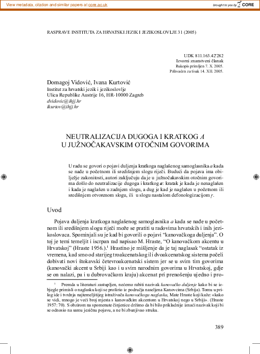 (PDF) Neutralization of the long and short a in the southčakavian ...