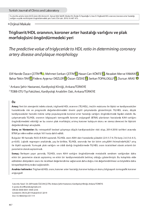 (PDF) Trigliserit/HDL oranının, koroner arter hastalığı varlığını ve ...